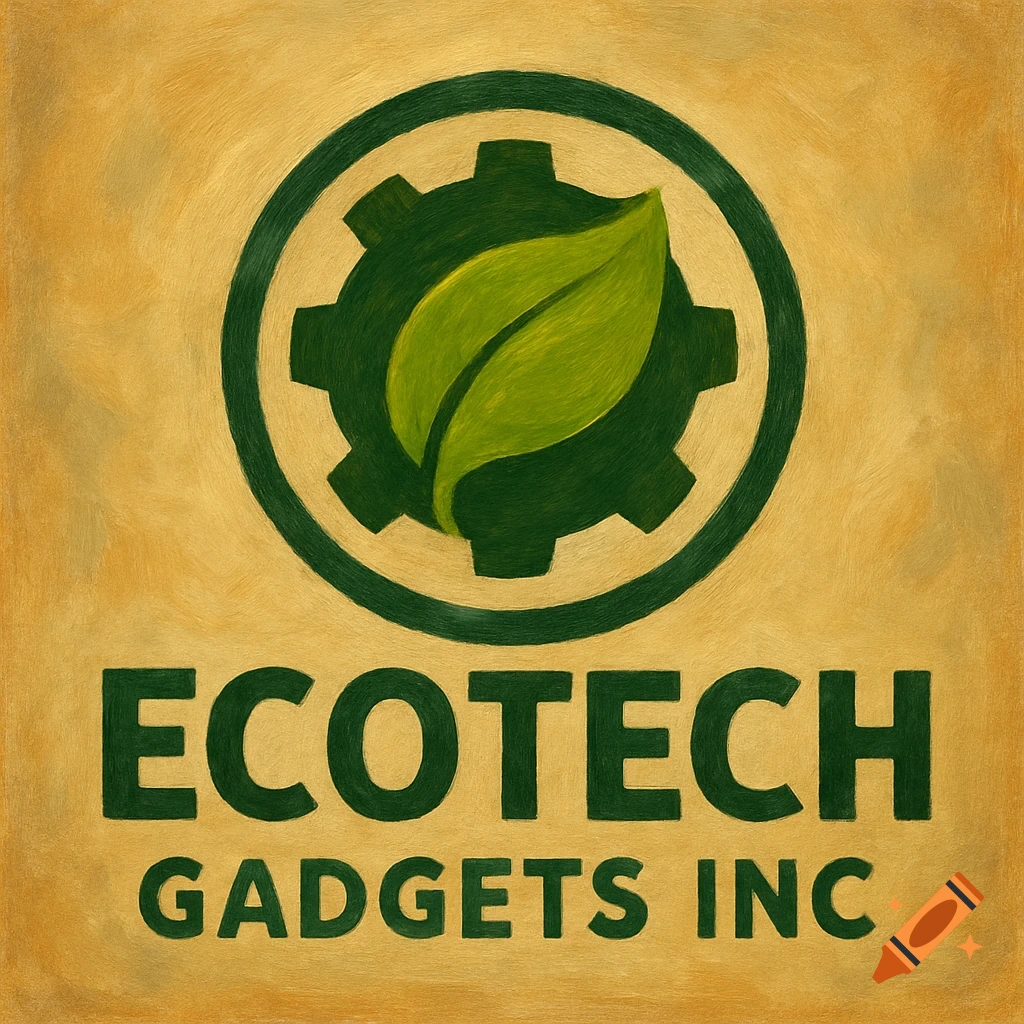 Logo with a green gear and leaf inside a circle, with the text ECOTECH GADGETS INC below. on Craiyon