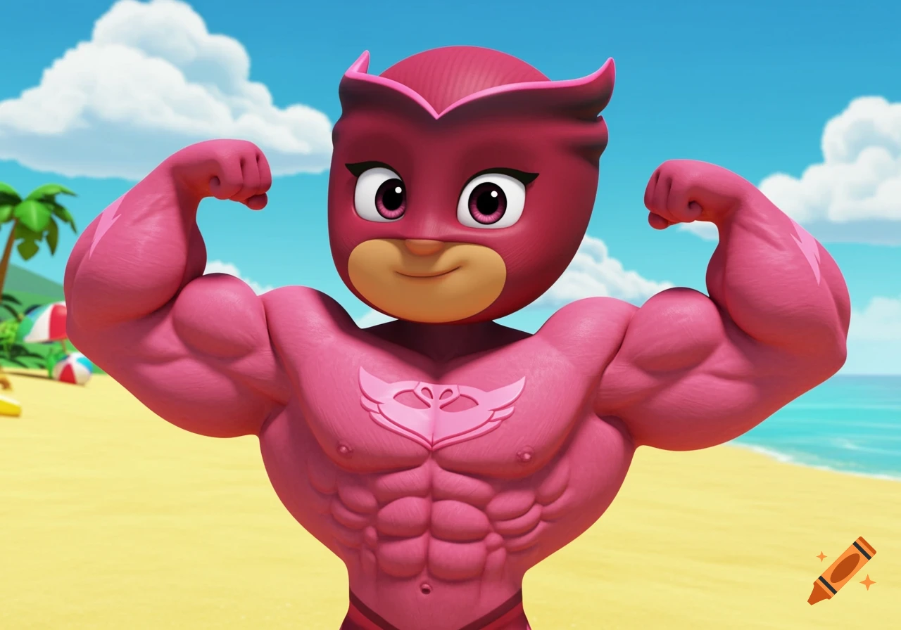 Cartoon character with large muscles flexing on a beach. on Craiyon