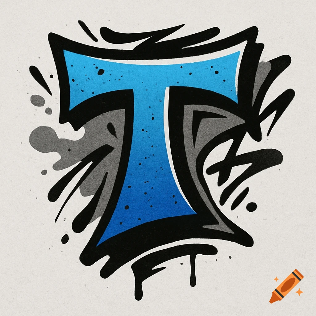 Blue and gray graffiti-style logo featuring the letter T. on Craiyon