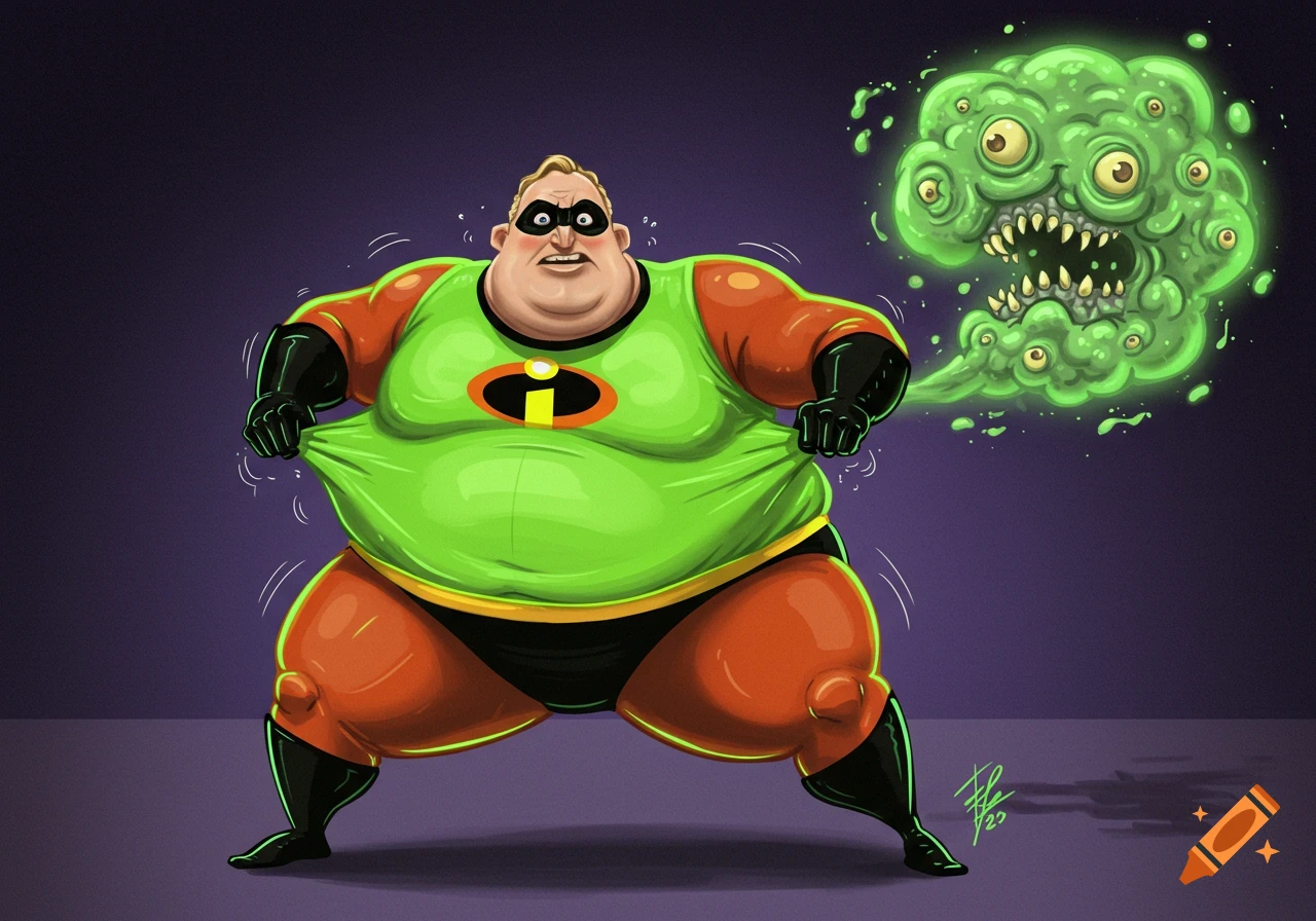 Cartoon illustration of an obese superhero in a green and orange suit ...