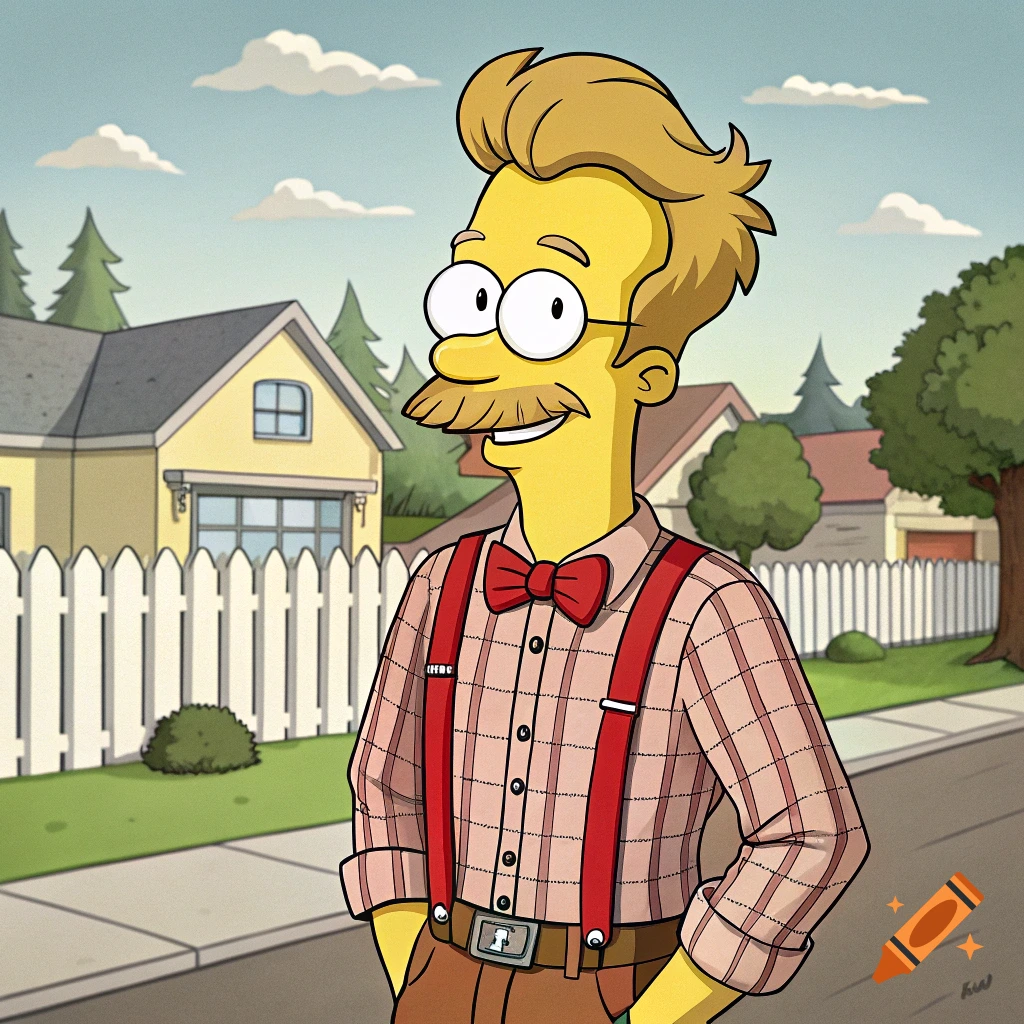 A cartoon character resembling Ned Flanders in a suburban setting. on ...