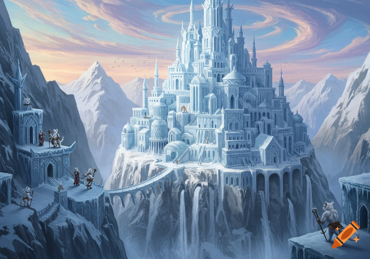 Digital painting of an ice citadel on a mountain, populated by cat ...