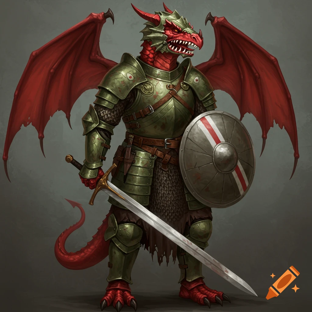 A red dragonborn character wearing military green plate armor, holding a sword and a round ...