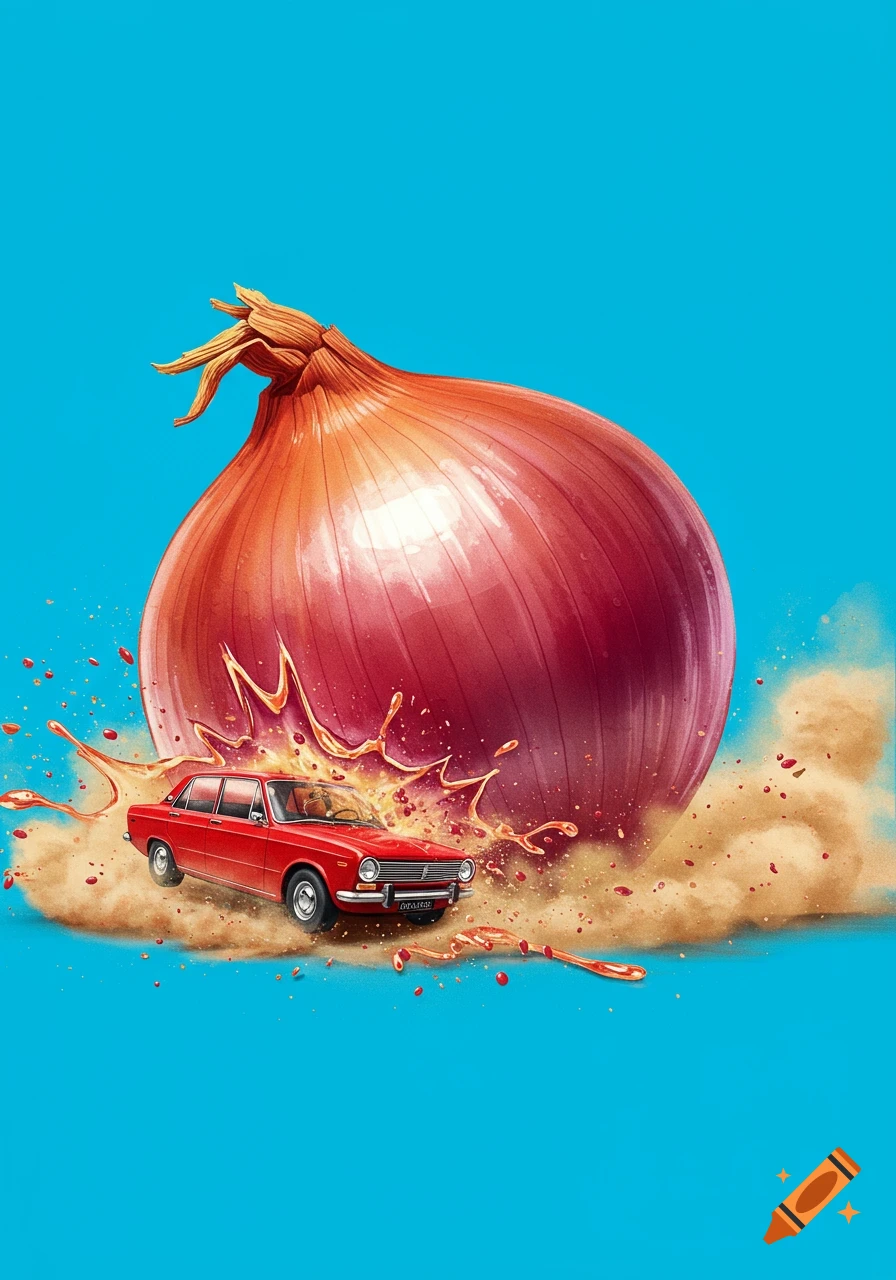 A large red onion being hit by a red car, causing splashes and dust ...