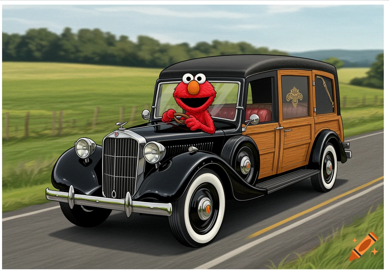 Cartoon Elmo drives a vintage hearse on a road through green fields. on ...