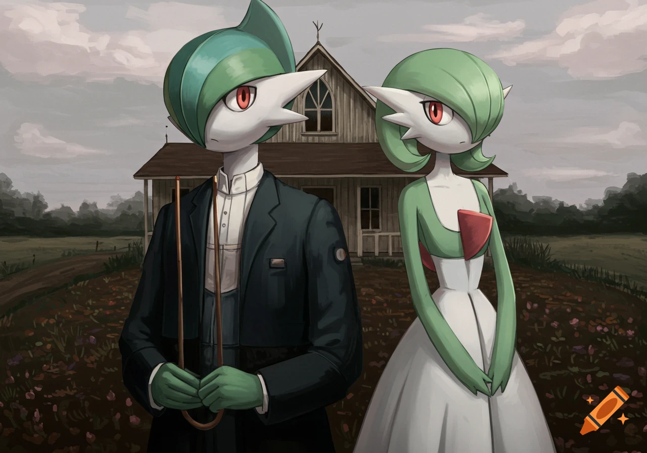 Gallade and Gardevoir Pok The male character wears a dark suit, white ...