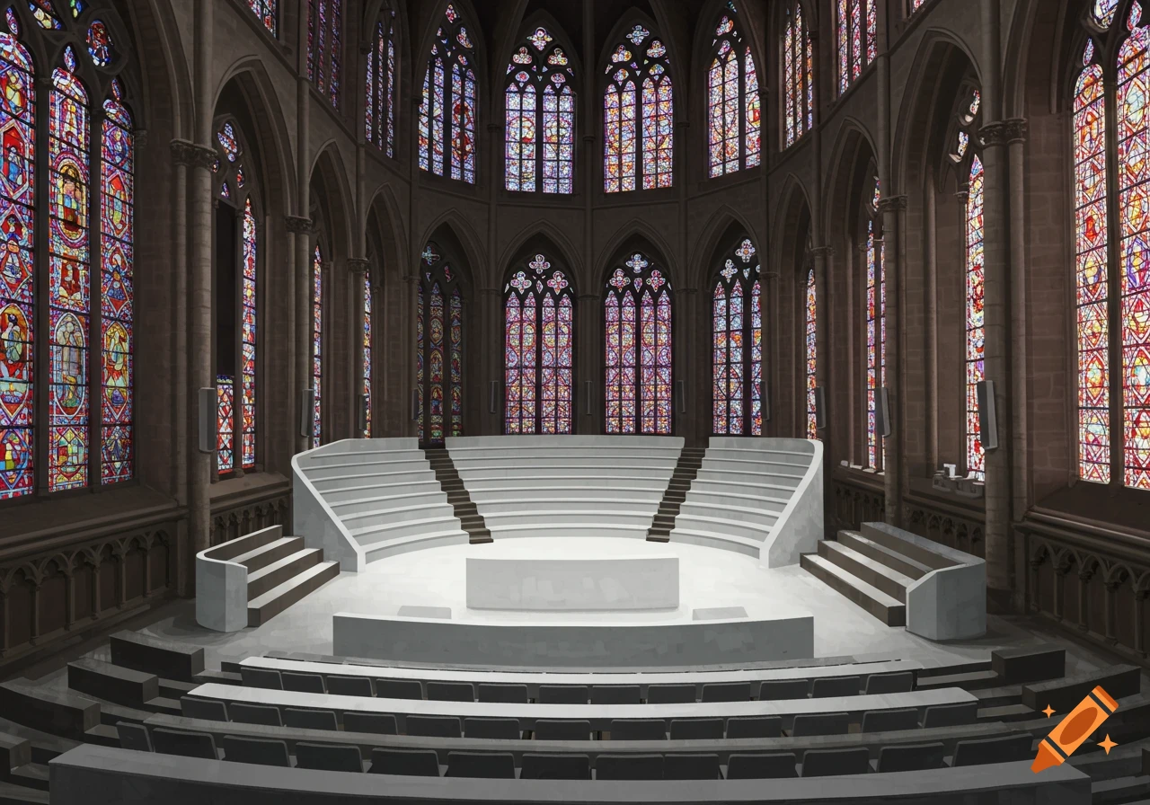 Tiered lecture hall inside a cathedral with stained glass windows on ...