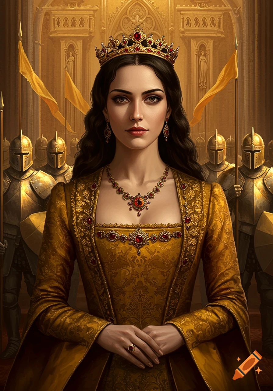 A regal queen in a golden gown and jeweled crown stands before a line ...