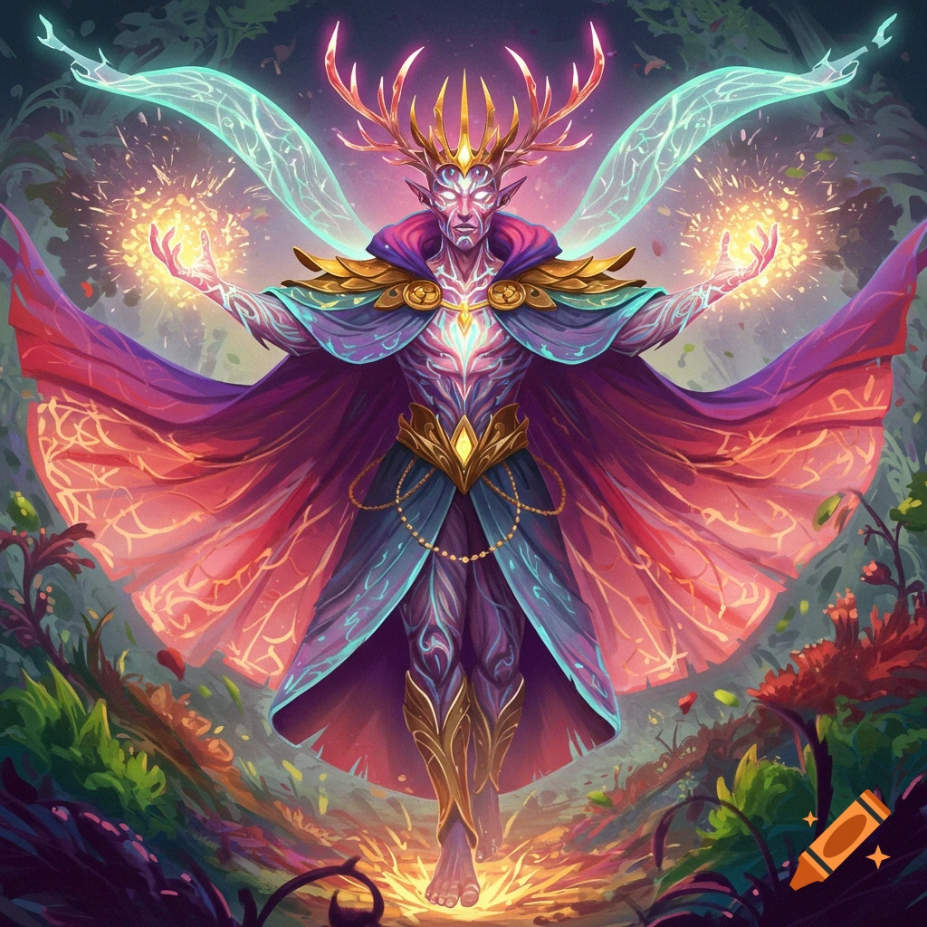 A powerful fey king with antlers and a glowing cape stands in a magical ...