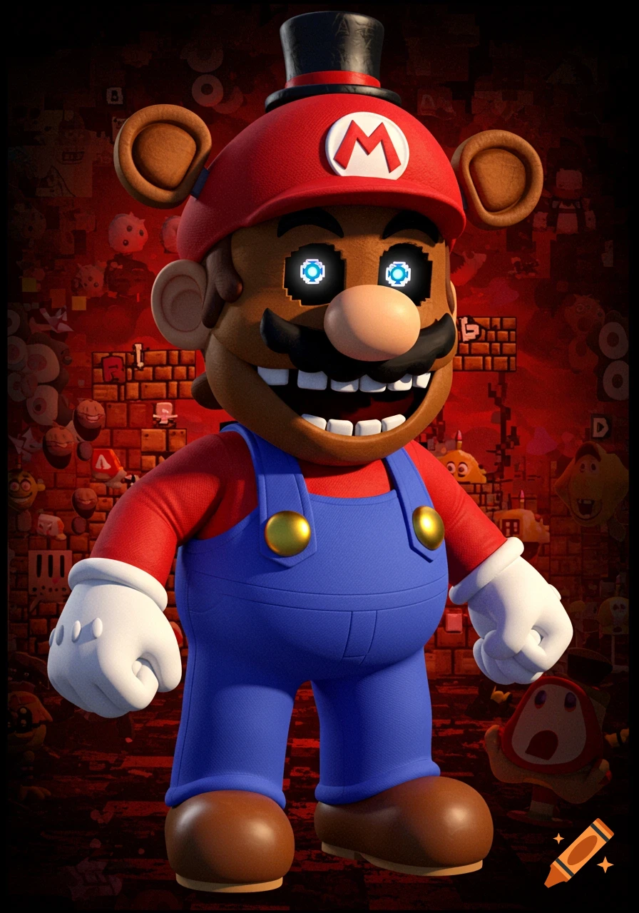 A 3D render of a character combining Mario and Freddy Fazbear, with ...