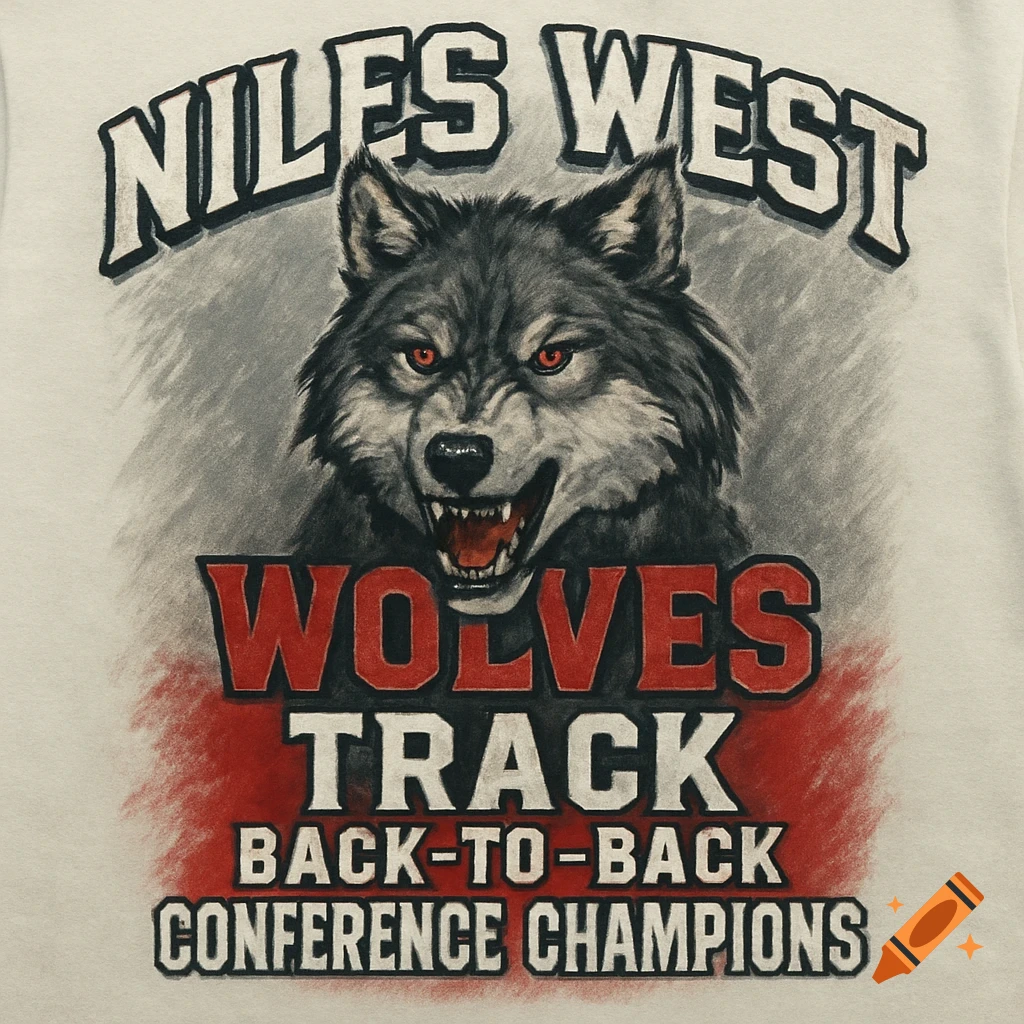 T-shirt graphic with a snarling wolf head and text reading "NILES WEST ...