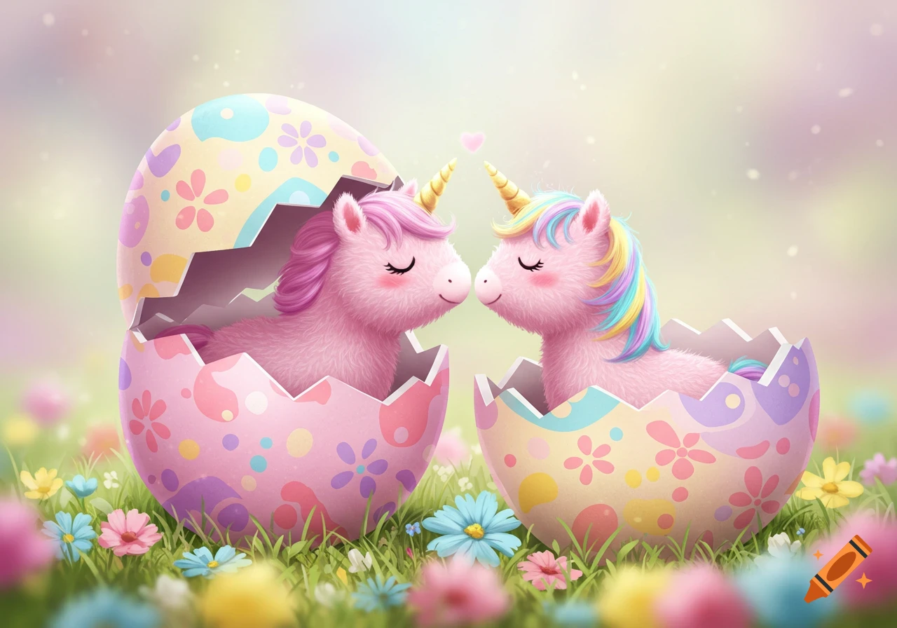 Two pink fluffy unicorn foals emerging from pastel Easter eggs in a ...