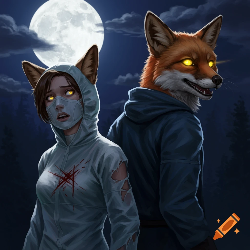 Two figures, one human-like with fox ears, mask, and torn suit, the ...