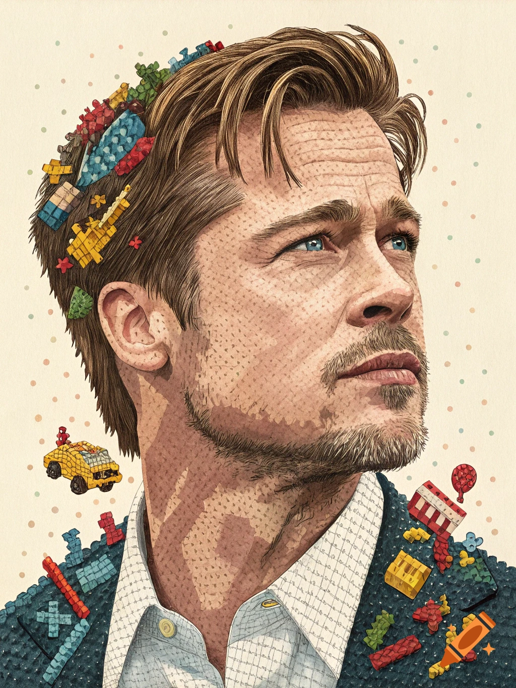 A portrait of Brad Pitt's face and shoulders made entirely of colorful ...