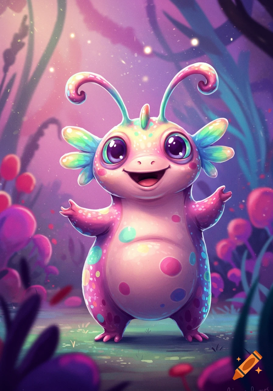 Cute colorful fantasy creature with large eyes and spots stands in a ...