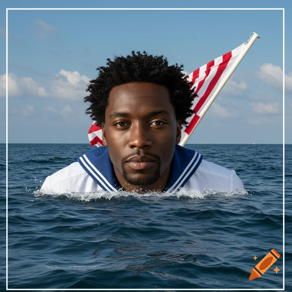 Man in a sailor collar rising from the ocean with an American flag ...