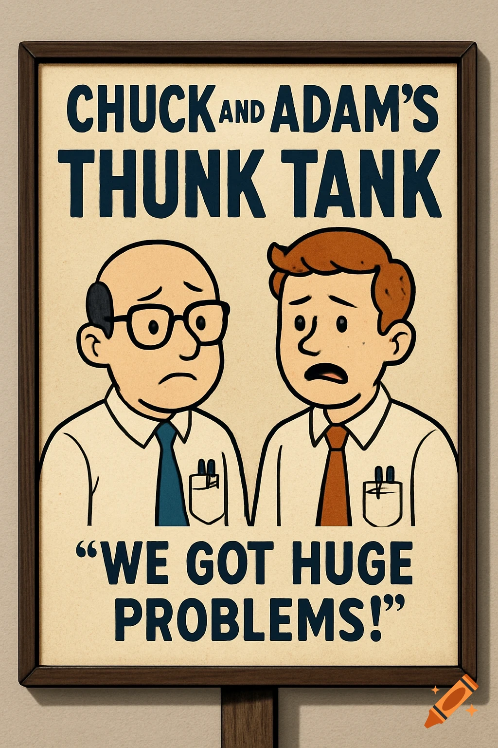 Cartoon poster with two men in shirts and ties under the text 'Chuck ...