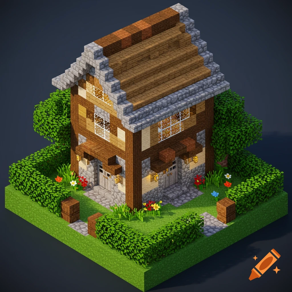 Isometric view of a detailed Minecraft house with a fenced yard, trees ...