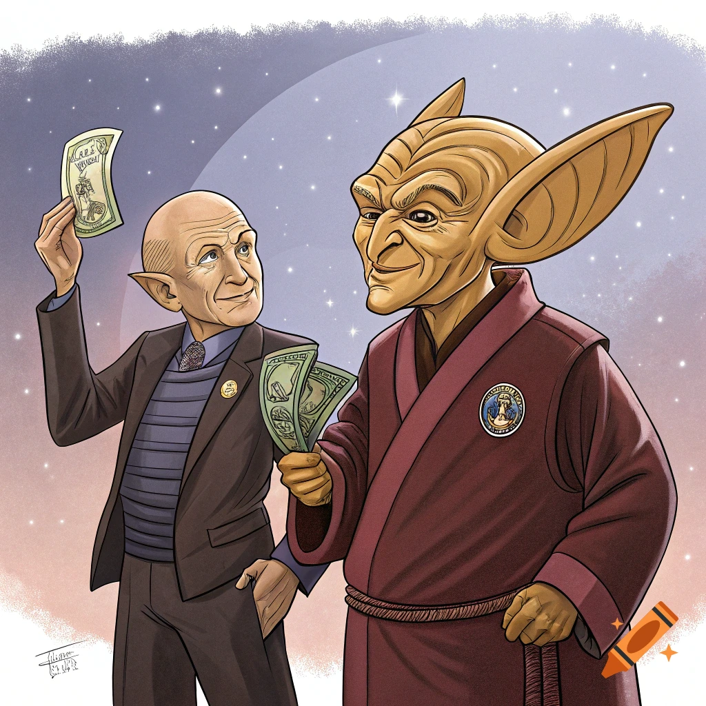 Caricature of Donald Trump and JD Vance as Ferengi aliens holding money ...