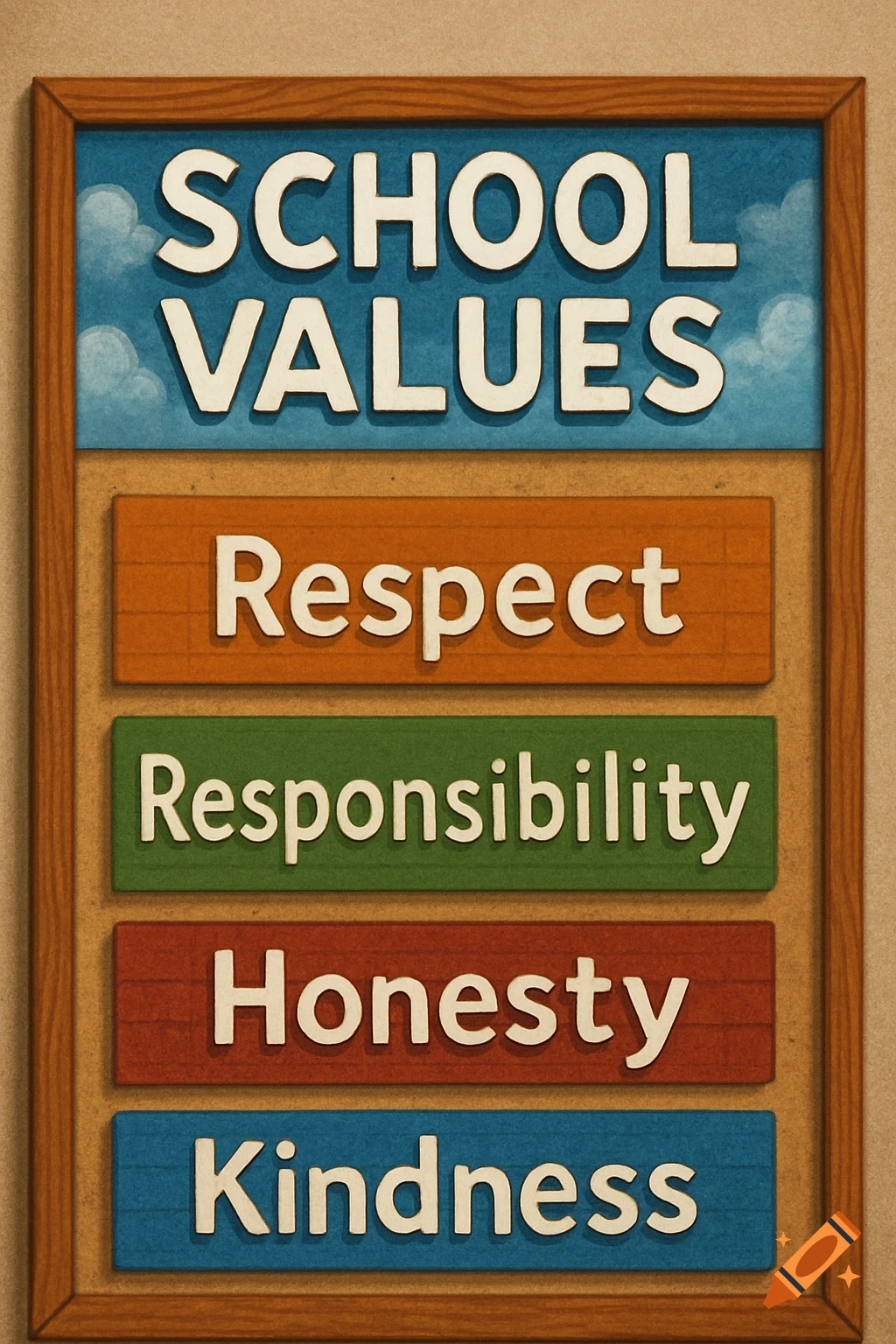 A wooden framed display board with colorful planks displaying the words ...