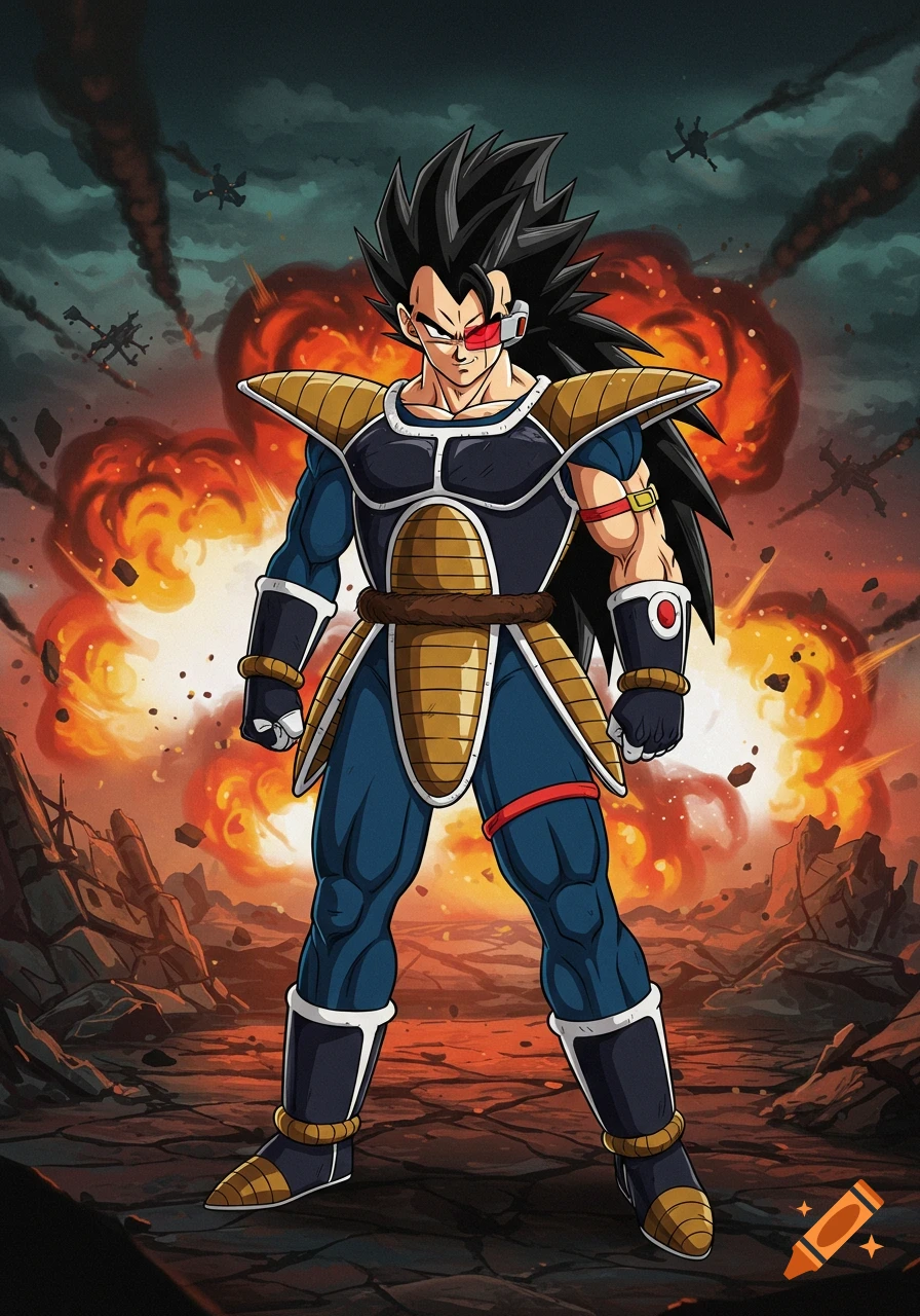 Anime character in Saiyan armor stands amidst fiery explosions and ...