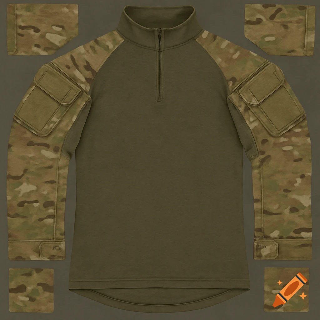 Flat lay of a green tactical combat shirt with camouflage sleeves ...