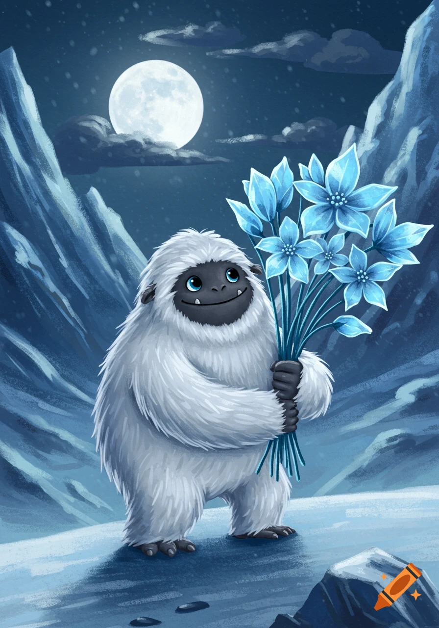 Cute illustrated yeti holds a bouquet of blue ice flowers in a snowy ...