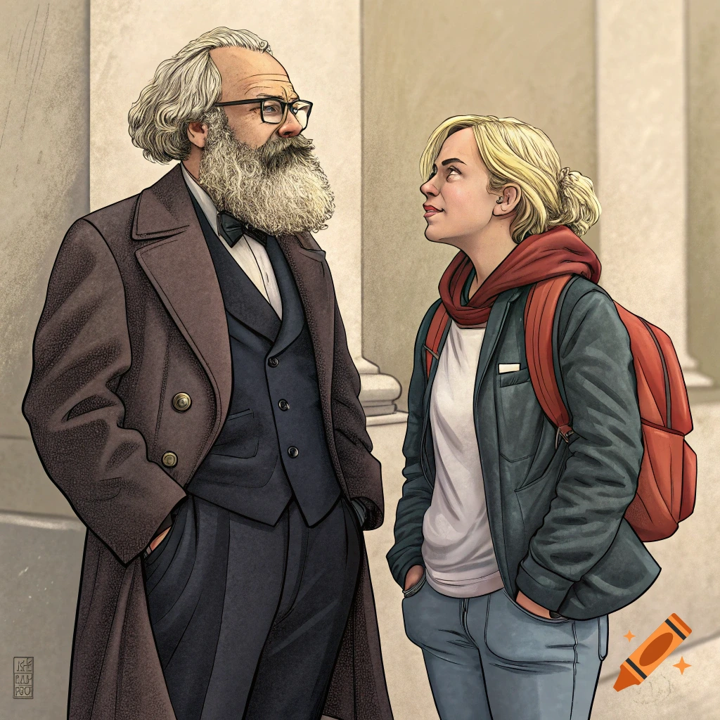 Illustration of Karl Marx talking to a young student near columns. on ...