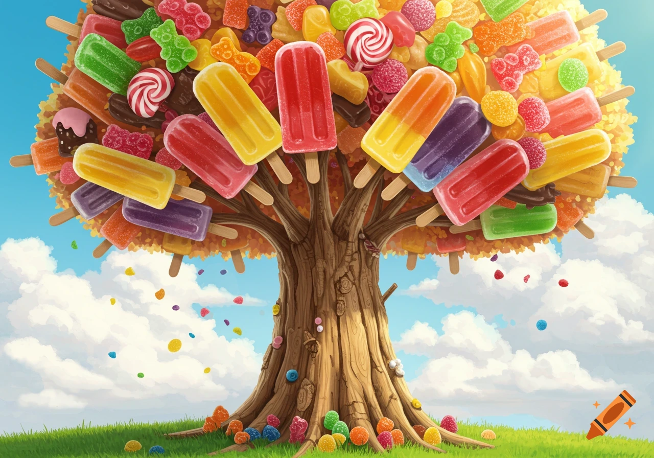 A fantasy tree with branches covered in colorful popsicles and candies ...