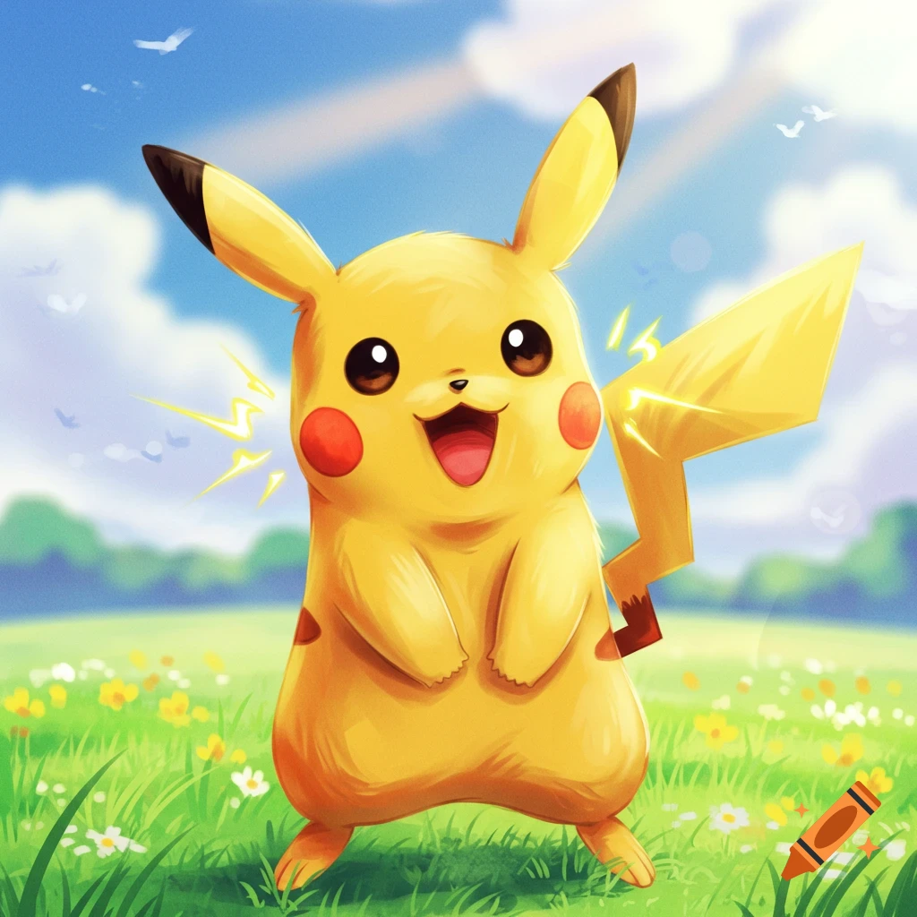 A happy cartoon Pikachu stands in a sunny field with flowers and birds ...