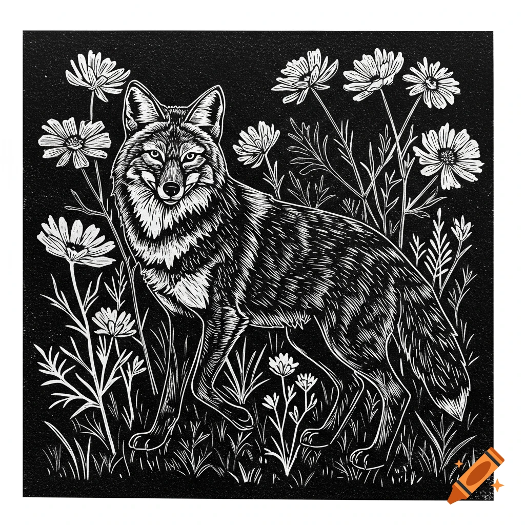 Black and white linocut style drawing of a coyote standing among ...