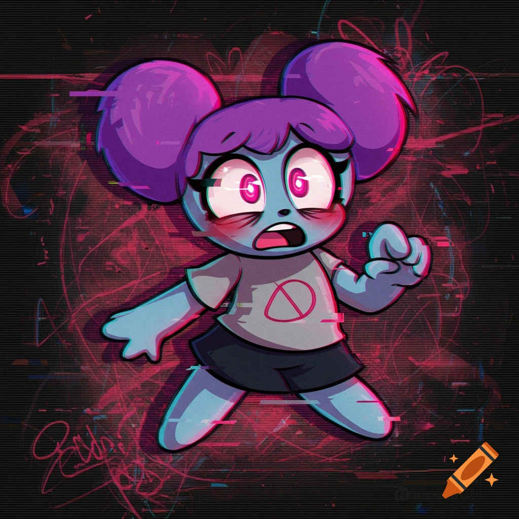 Cartoon character Pibby with large eyes and purple pigtails looks ...