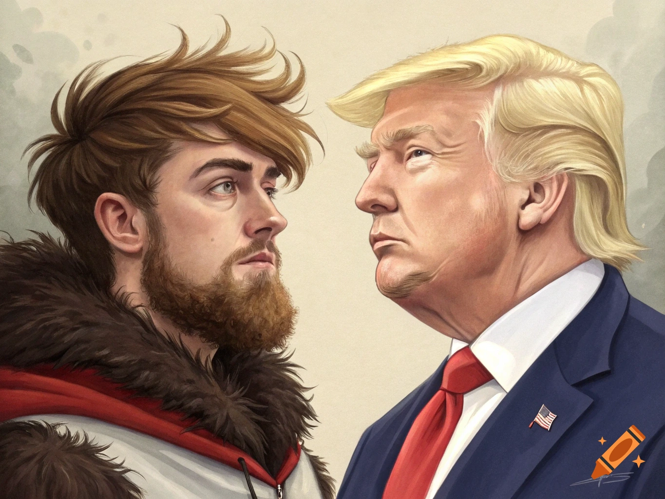 Stylized illustration of two men, one resembling Donald Trump, facing ...