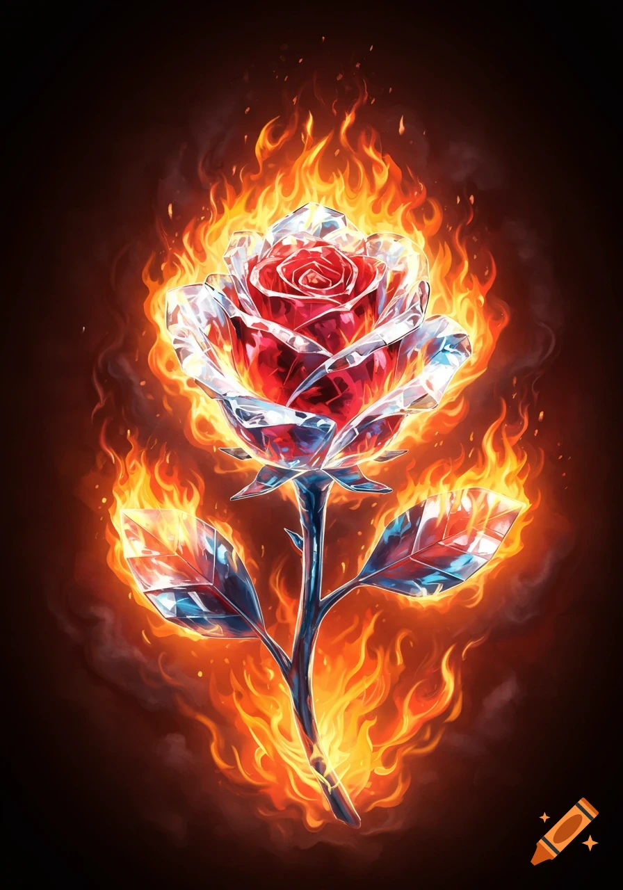 A crystal rose engulfed in flames, digital art on Craiyon