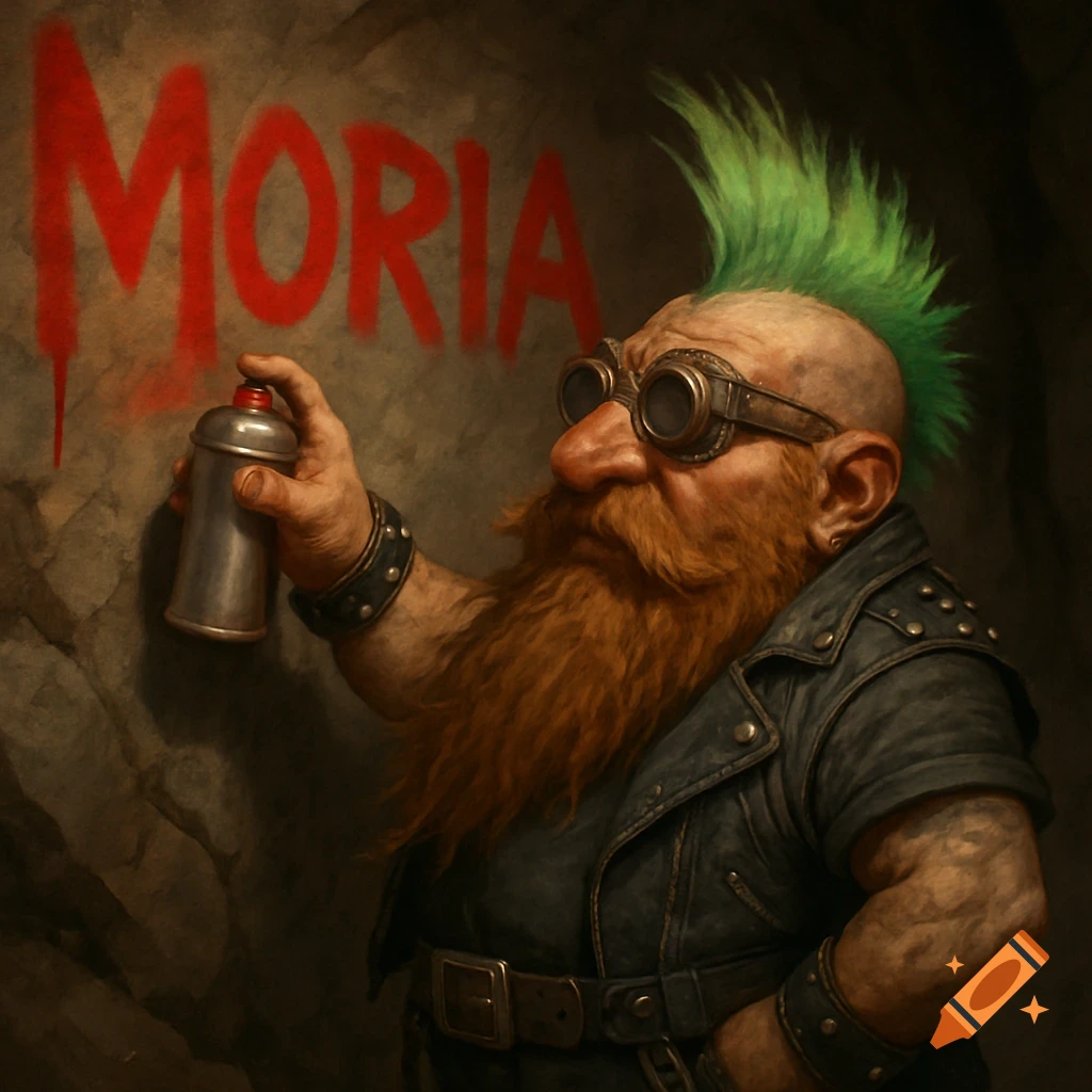Punk dwarf with green mohawk and goggles spray painting 'MORIA' on a ...