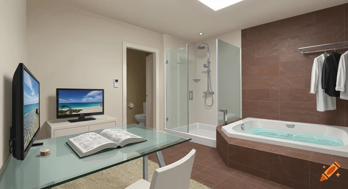 A modern bathroom with a jacuzzi, shower, glass desk with monitors, and ...