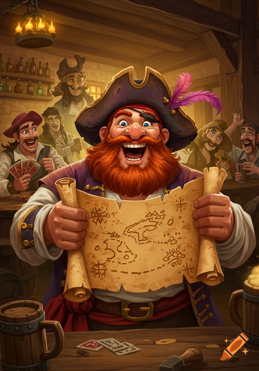 Jolly pirate holding a treasure map in a crowded tavern, fantasy art style on Craiyon