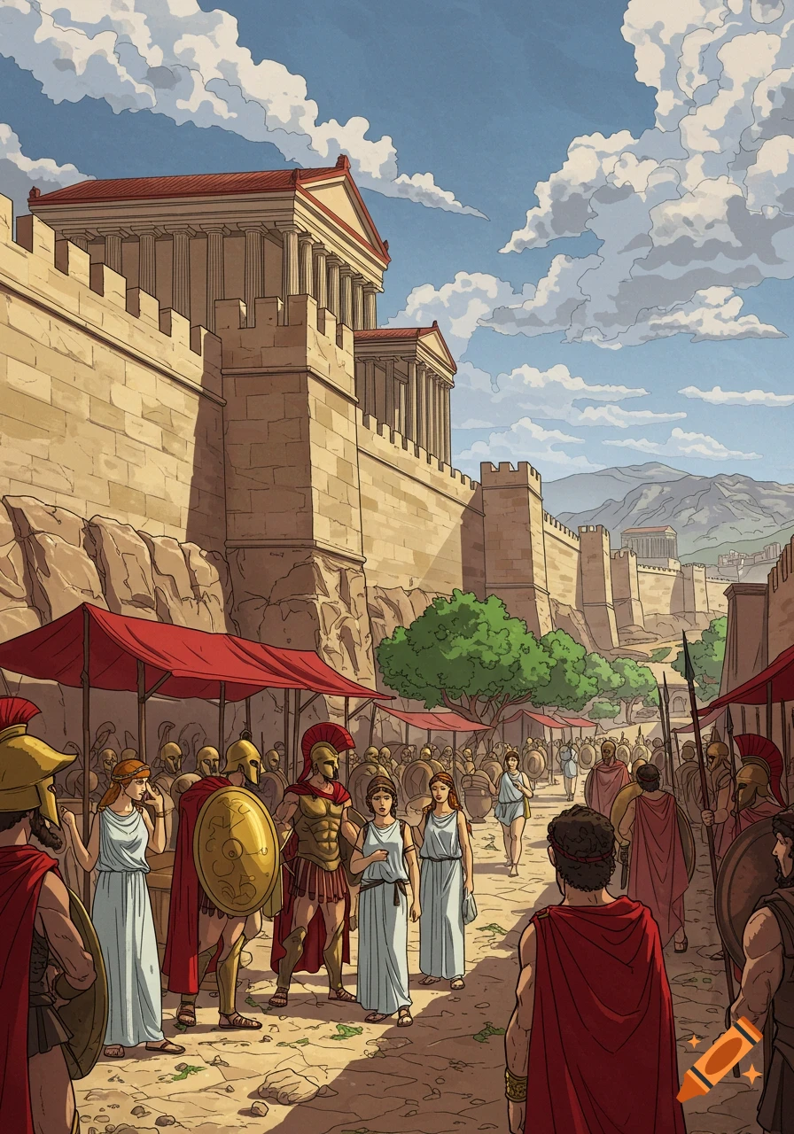 Illustrative scene of Spartans and civilians in ancient Greece outside ...