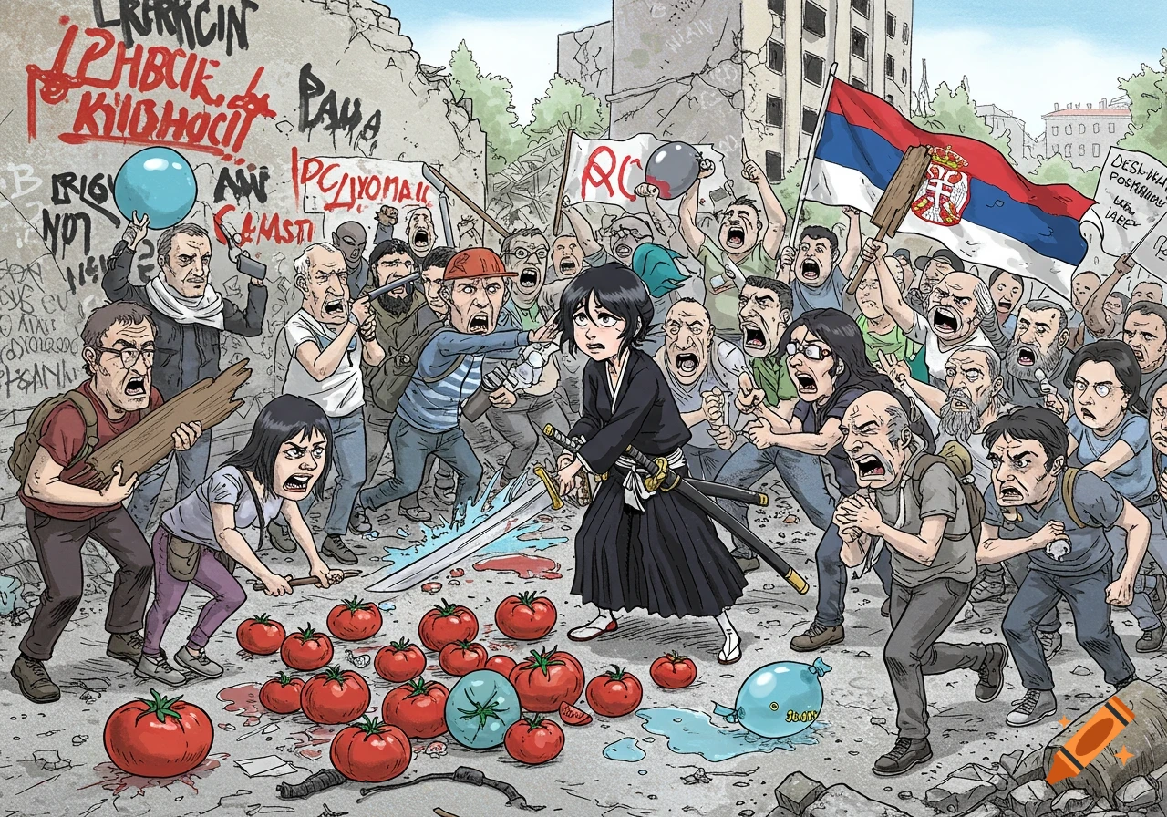 A political cartoon of an anime character amidst angry Serbian ...