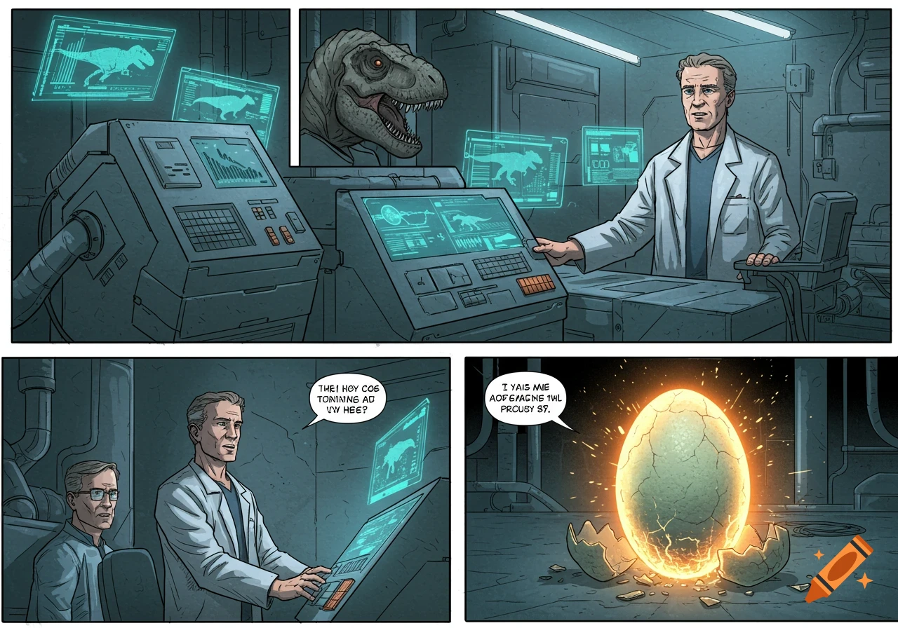 Graphic novel illustration of scientists in a lab with dinosaurs on ...