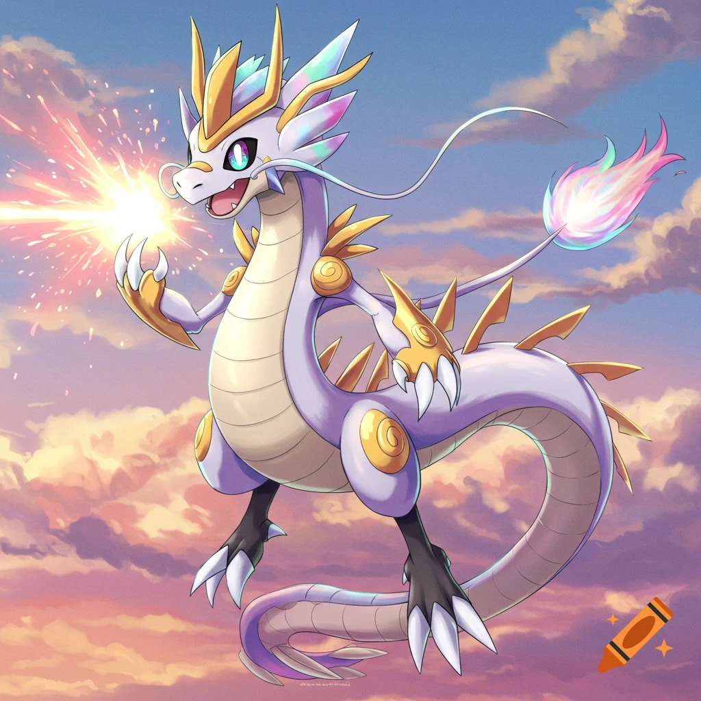 A light purple dragon fakemon flies in a cloudy sky, shooting a beam ...