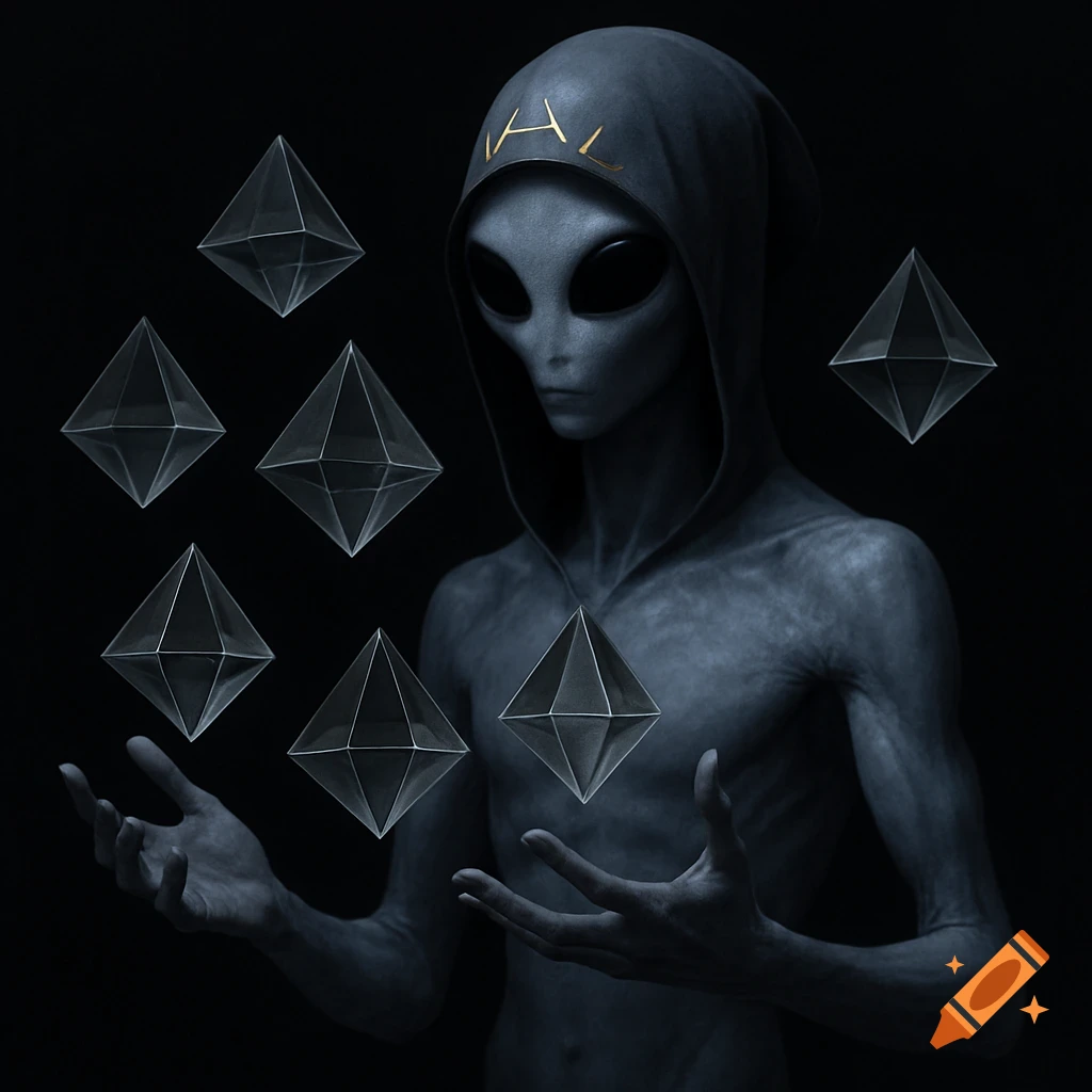 Surreal image of an alien in a hood conjuring transparent pyramids in a ...