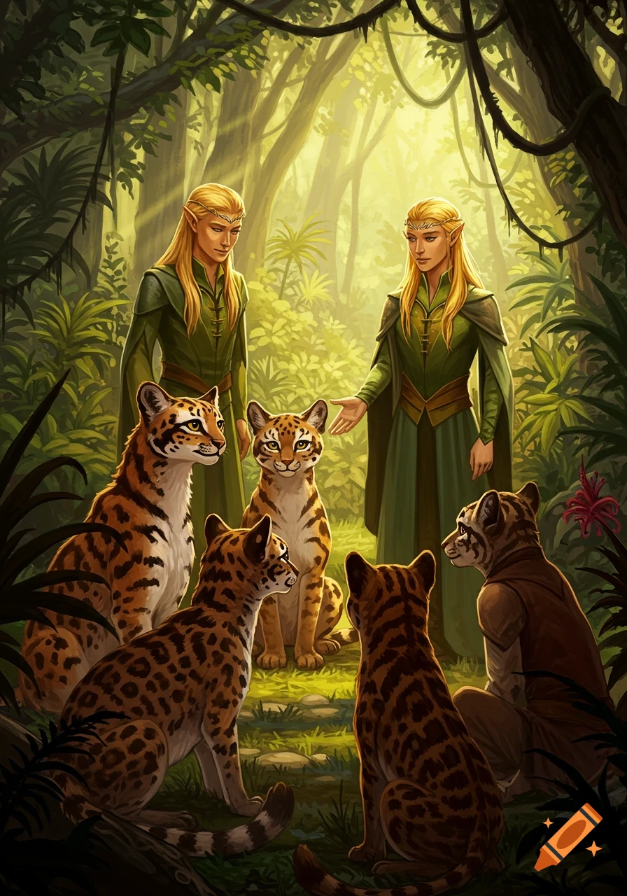 Fantasy scene of elves meeting with feline creatures in a jungle. on ...