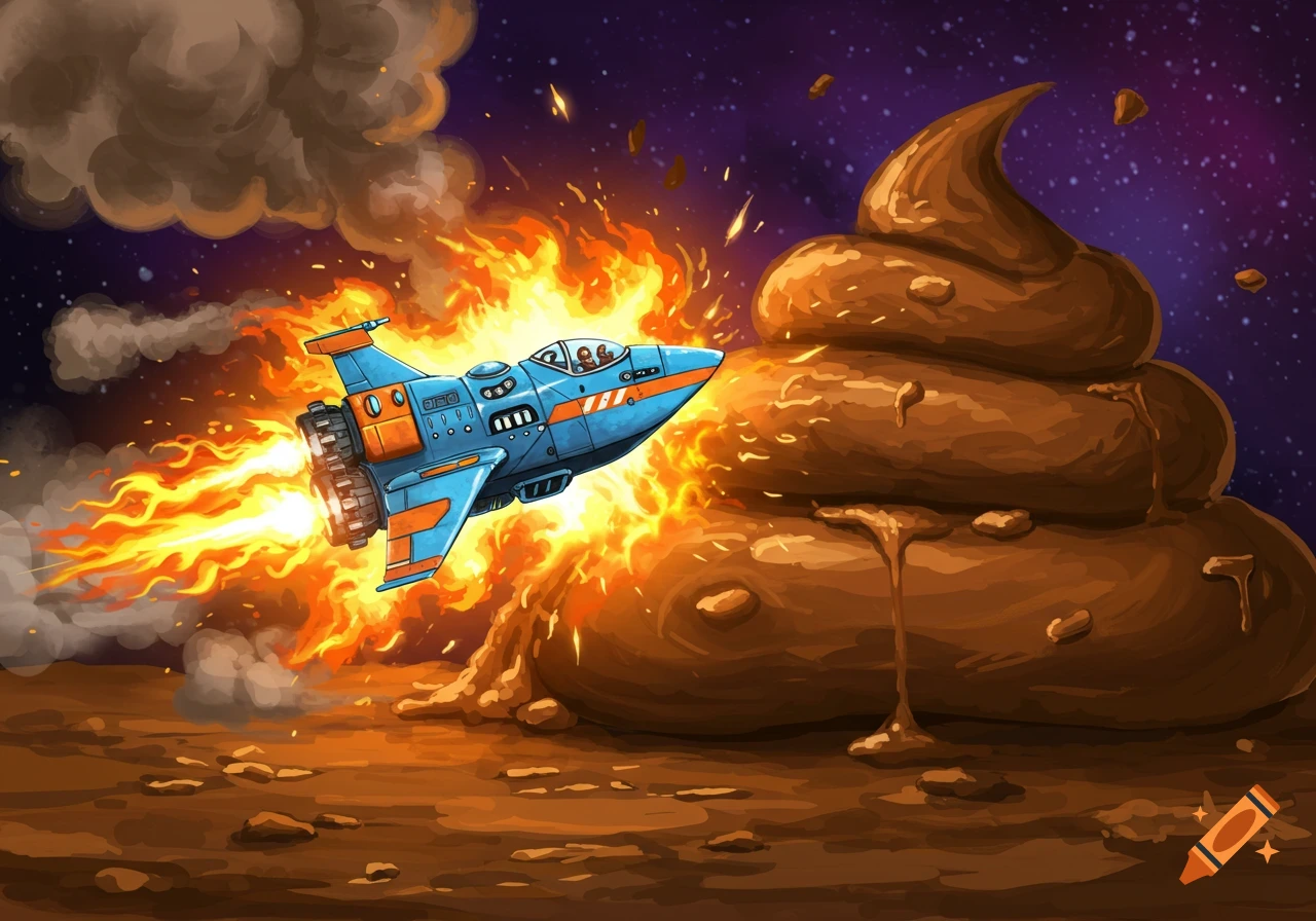Cartoon spaceship on fire flying towards a large pile of poo on Craiyon