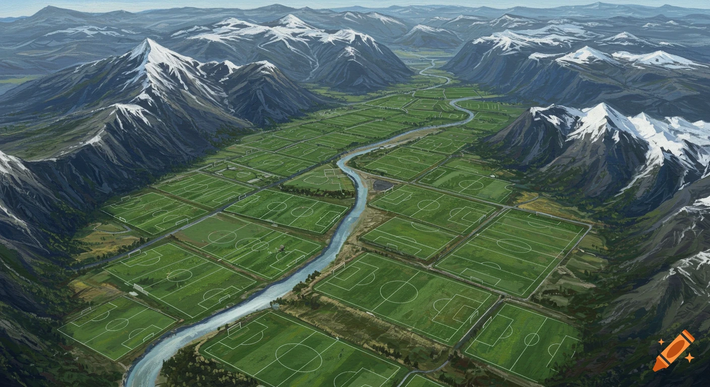 Birds-eye view of a mountain valley filled with many rectangular ...