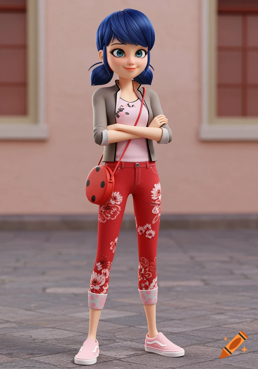 Marinette from Miraculous Ladybug standing with arms crossed, wearing a ...
