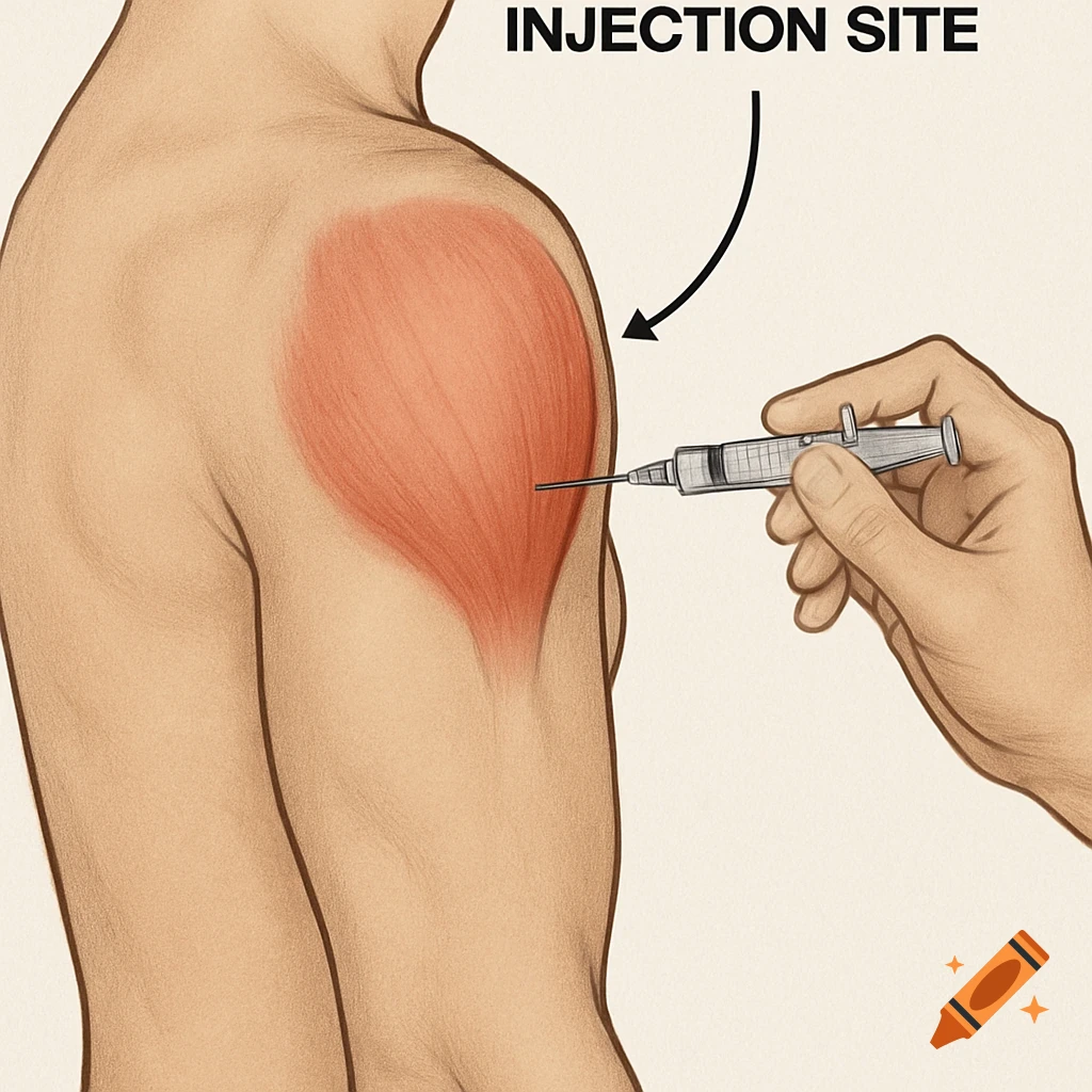 Illustration showing an injection into the deltoid muscle of an arm, labeled "INJECTION SITE ...