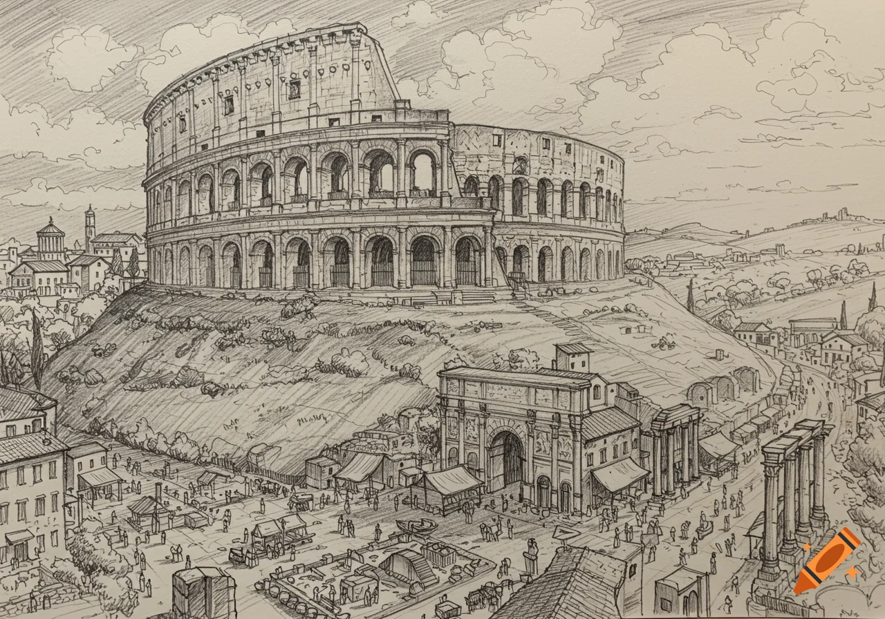 Sketch of the Roman Colosseum on a hill overlooking a village. on Craiyon