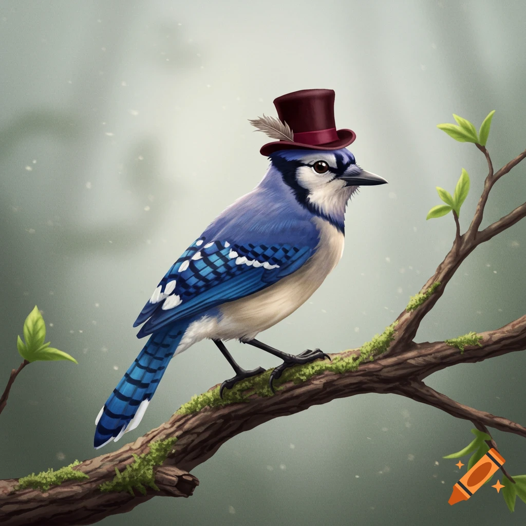 Illustration of a blue jay wearing a maroon top hat perched on a mossy branch. on Craiyon