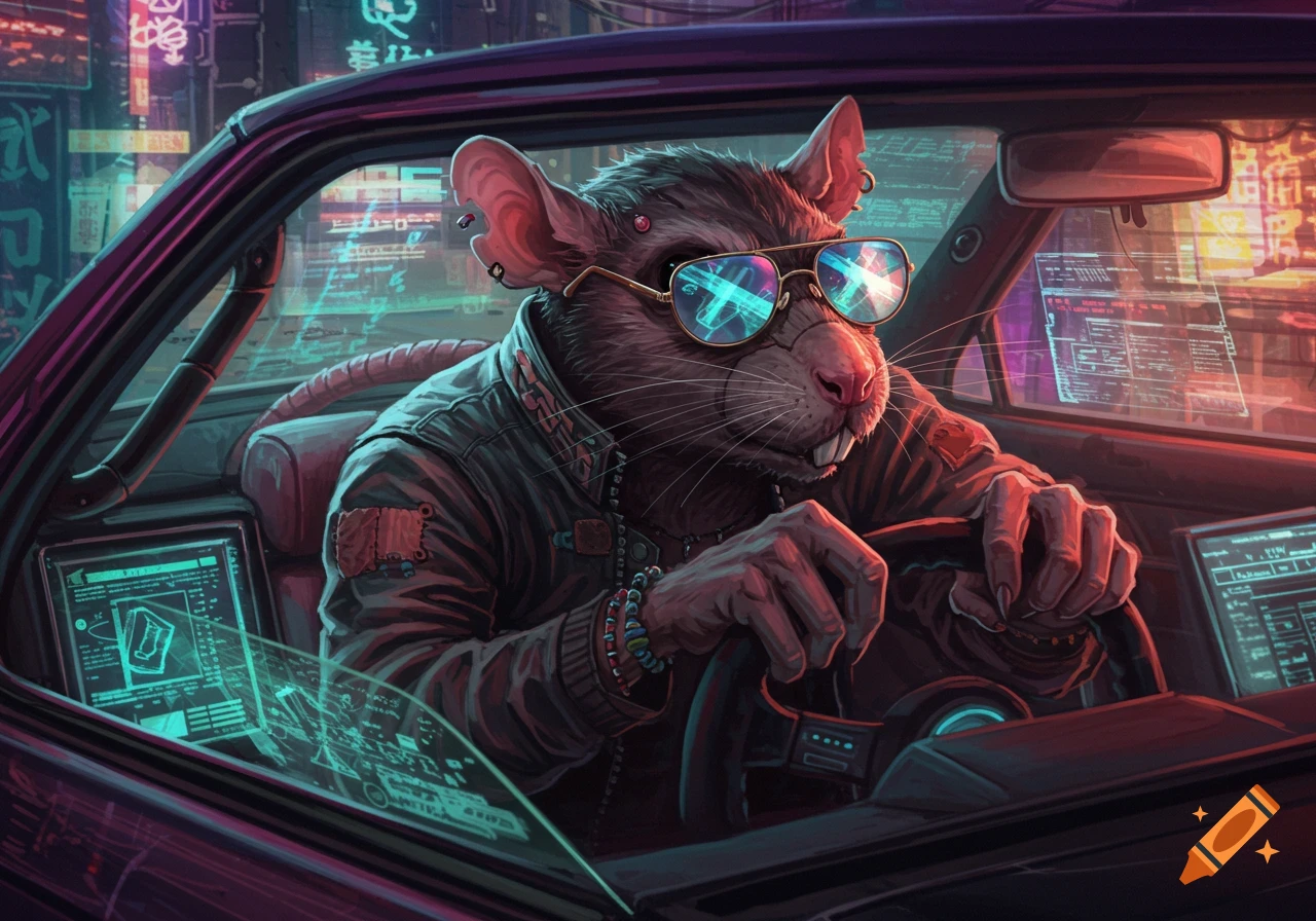 A cyberpunk-styled mutant rat wearing sunglasses drives a car in a ...